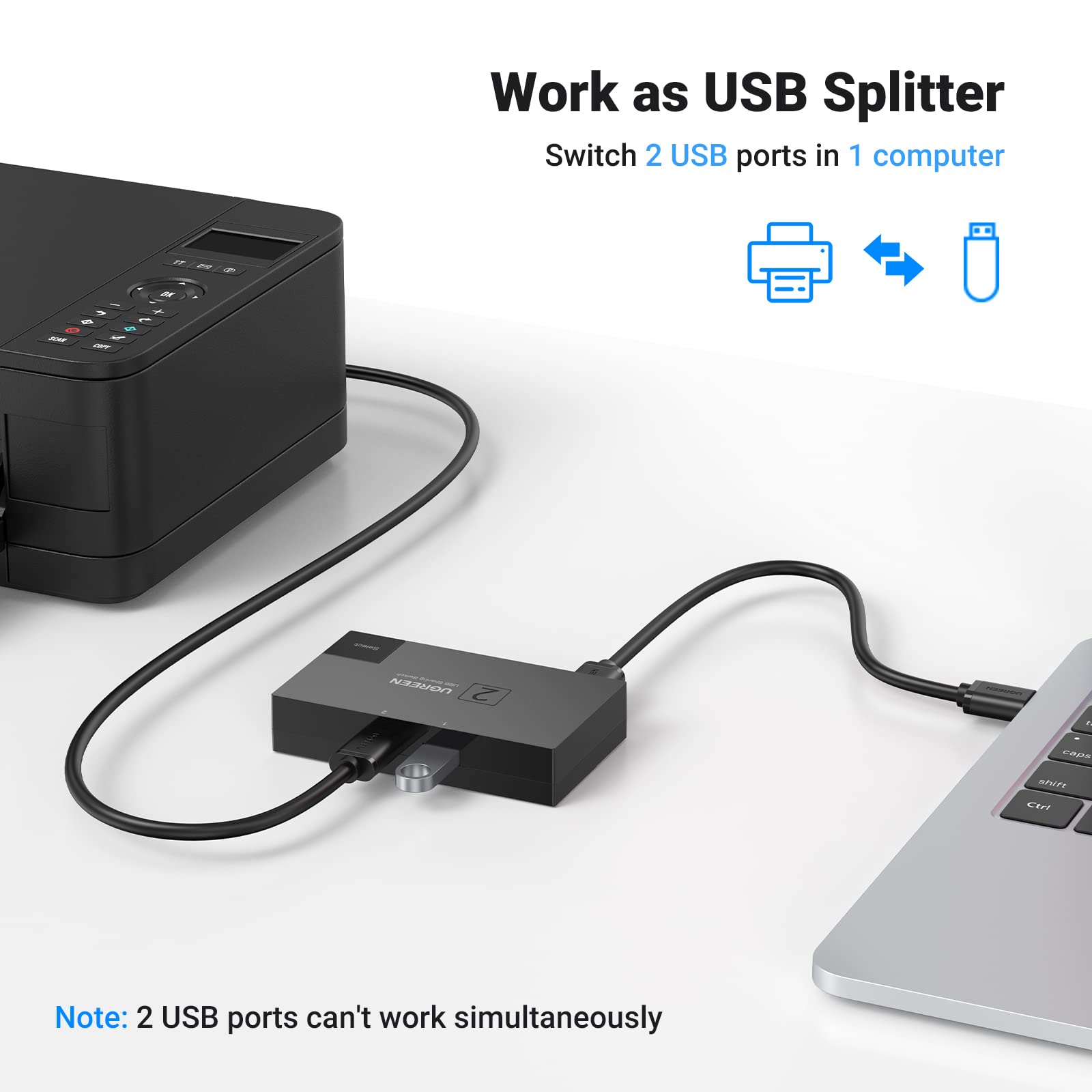 UGREEN USB 3.0 Selector, Bi-Directional USB Switch 2 in 1 Out/1 in 2 Out, USB Switcher 2 Computers Share Keyboard Mouse Printer Scanner with 2 USB 3.0 Cables