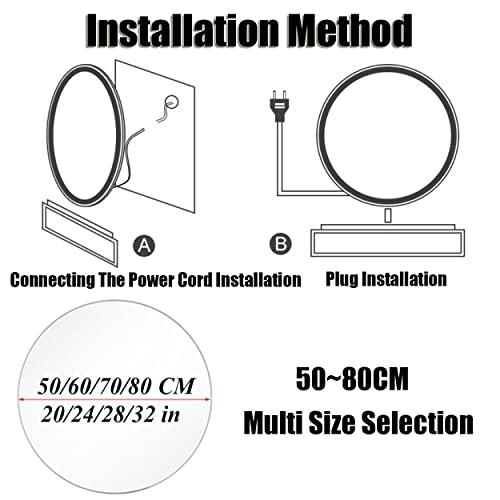 Modern Round Mirror with LED Lights 400mm 500mm 600mm LED Illuminated Bathroom Mirror, Wall Mounted Backlit Vanity Mirror, Smart Touch Switch Makeup Mirror, IP44 (Size : White light-800x800mm Mirror