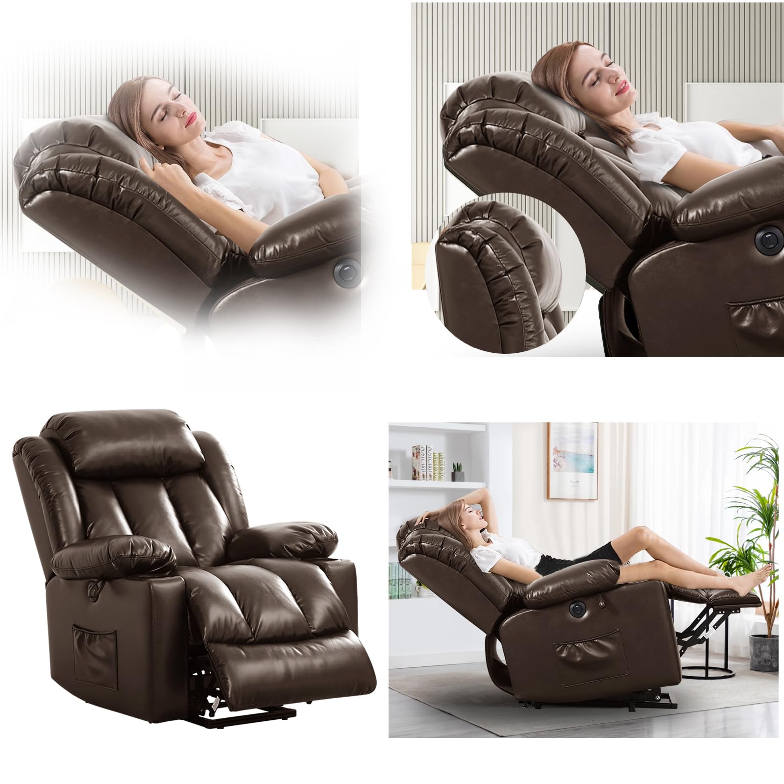 MAEVIS Lift Chair Recliner with Massage and Heating for Elderly and Adults,Breathable Leather Recliner chairs for Living Room,2 Cup Holders (Brown)