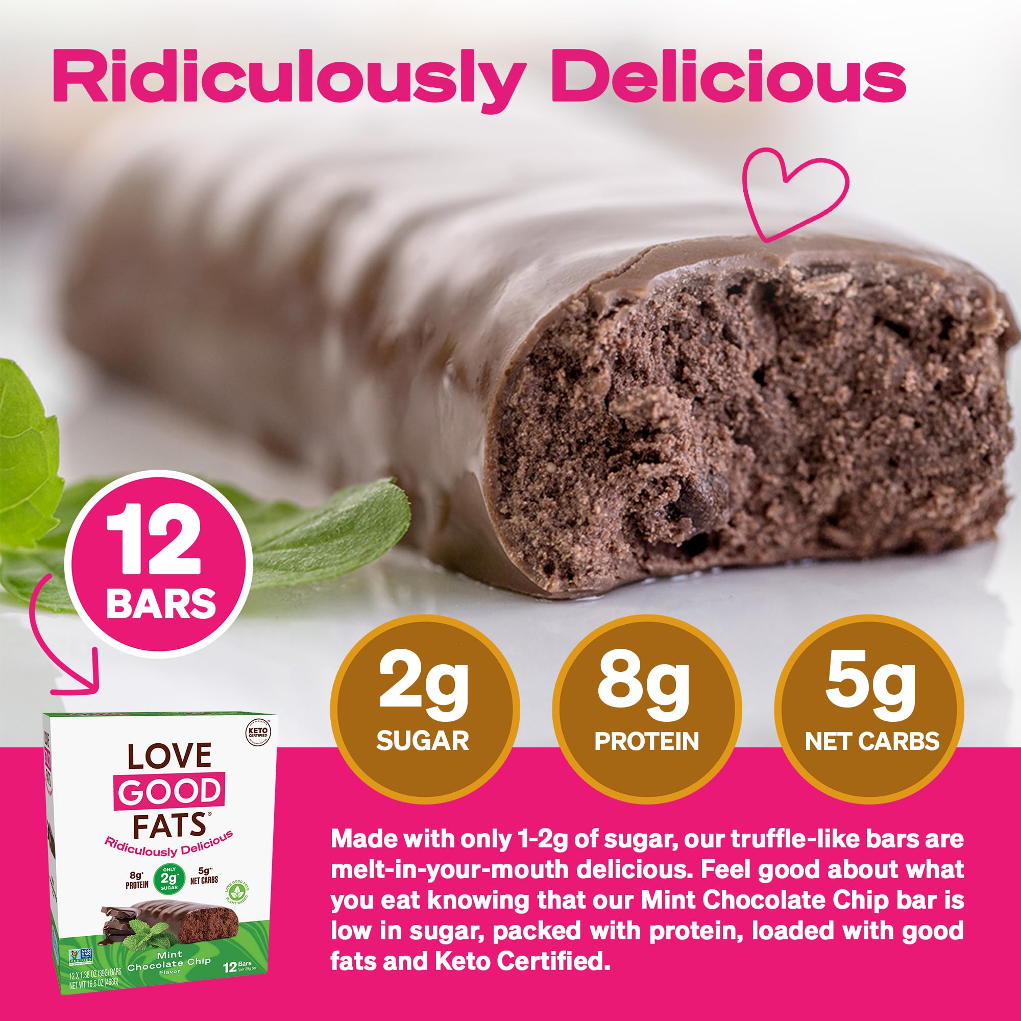 Love Good Fats Mint Chocolate Chip and Truffle Peanut Butter Chocolate - Plant-Based Protein Snack, Low Carb, Low Sugar, Gluten Free, Non GMO, 12 Pack