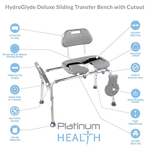 Sliding Shower Chair HydroGlyde Premium Heavy Duty, Padded Bathtub Transfer Bench with Cut Out Seat, for Bath Tub, Adjustable Legs, and Safety Belt, Quick Tool-Less Assembly, Gray
