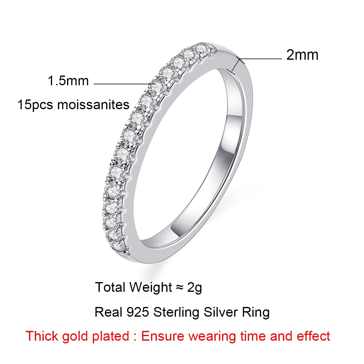 Raivari Moissanite Half Eternity Band Ring, D Color VVS1 Lab Created Diamond 14K Gold Plated Stackable Wedding Band for Women with USA Certificate, Size 6