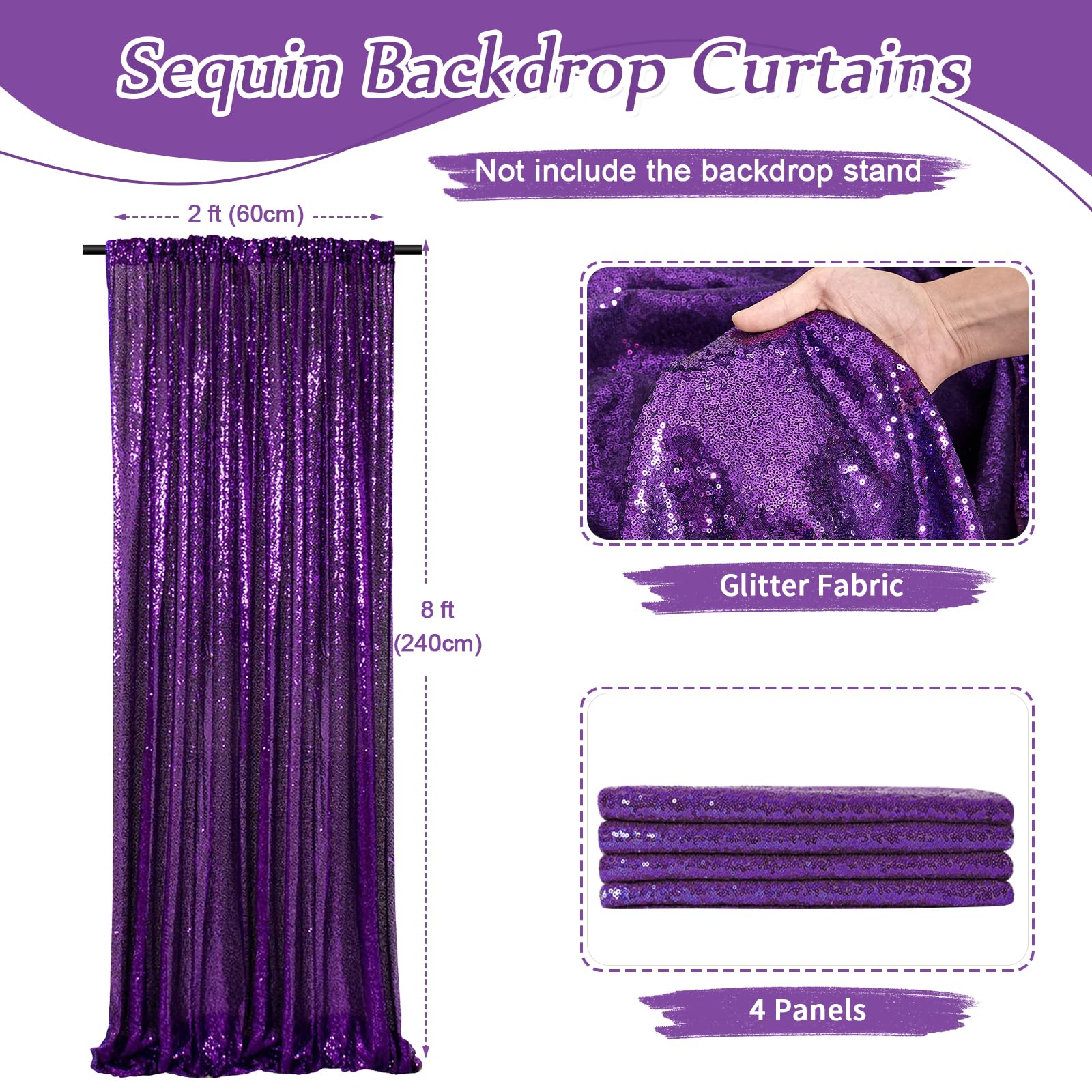 Purple Sequin Backdrop Curtain 4 Packs 2ftx8ft Sparkly Glitter Wedding Party Photography Background Drapes for Birthday Prom Decoration