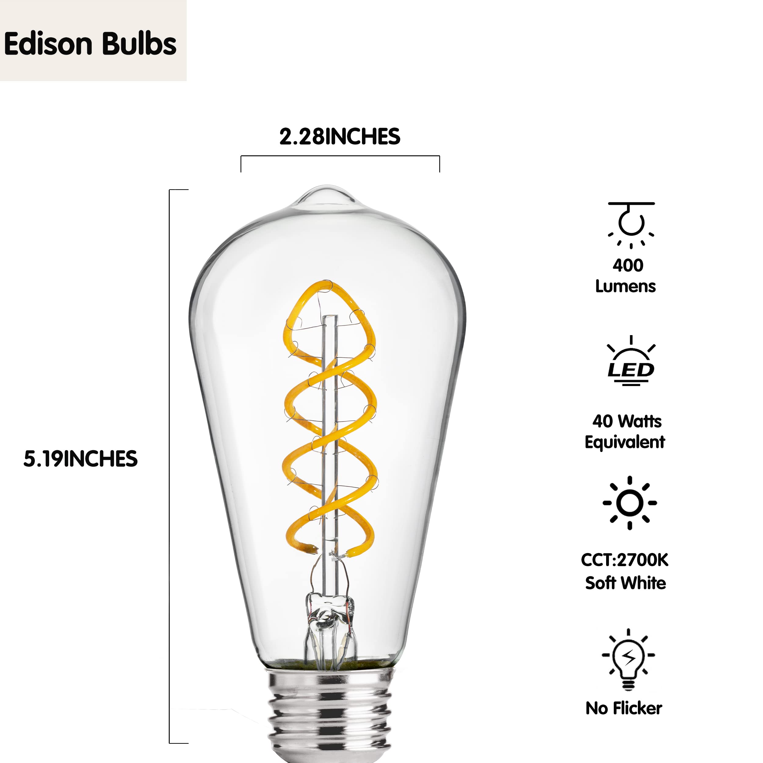 Mvleriud ST19 LED Edison Bulb, LED Decorative Spiral Filament Bulb, Dimmable, 40W Equivalent, 2700K Soft White, E26 Medium Base, 400LM, CRI80, 4 Packs