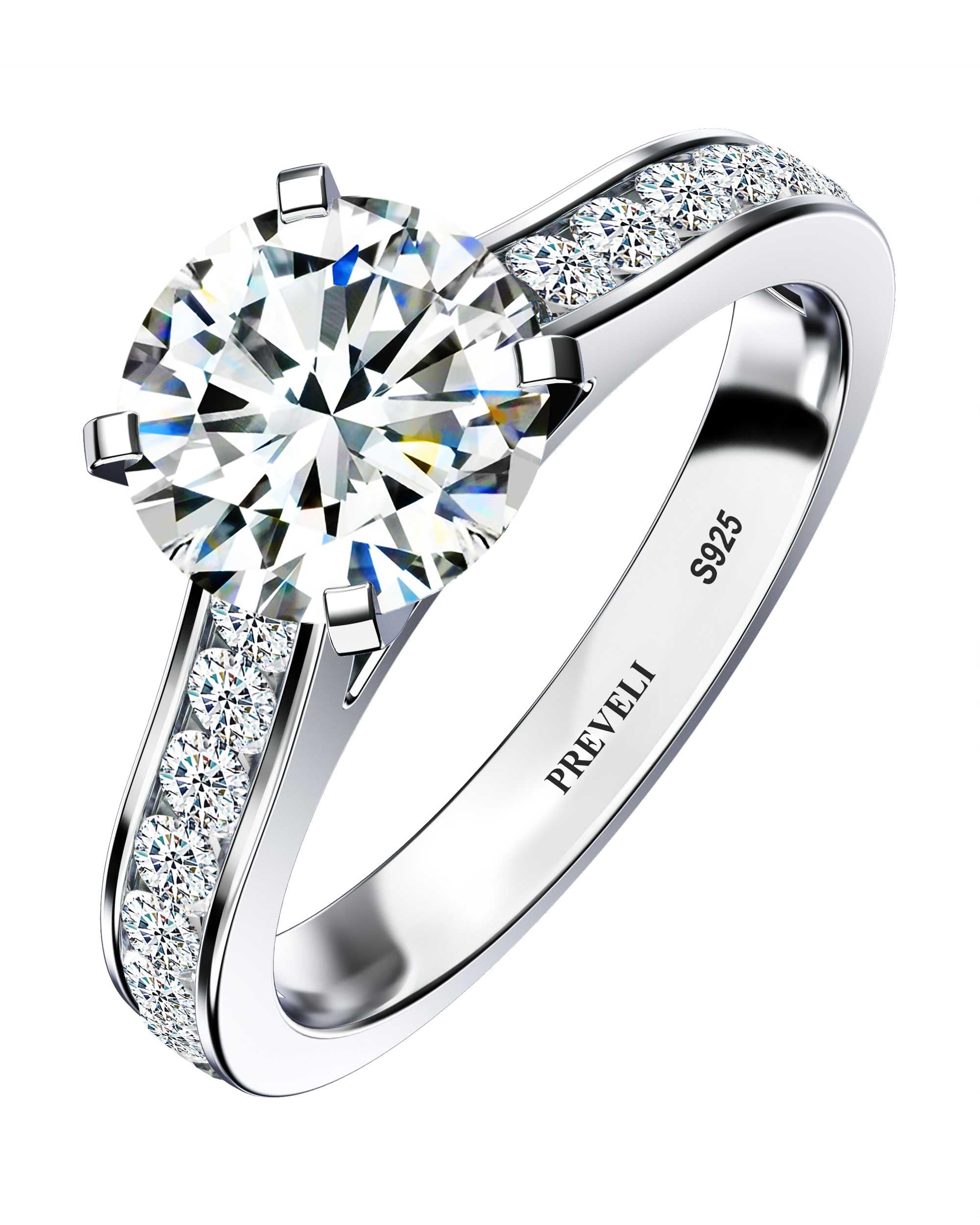 PREVELI 2ct Moissanite Engagement Rings For Women | GRA Certified Simulated Diamond Ring Round Cut Channel Set 925 Sterling Silver Band Size 7