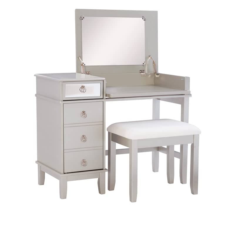 Linon Eva Wood and Mirrored Vanity Set in Silver