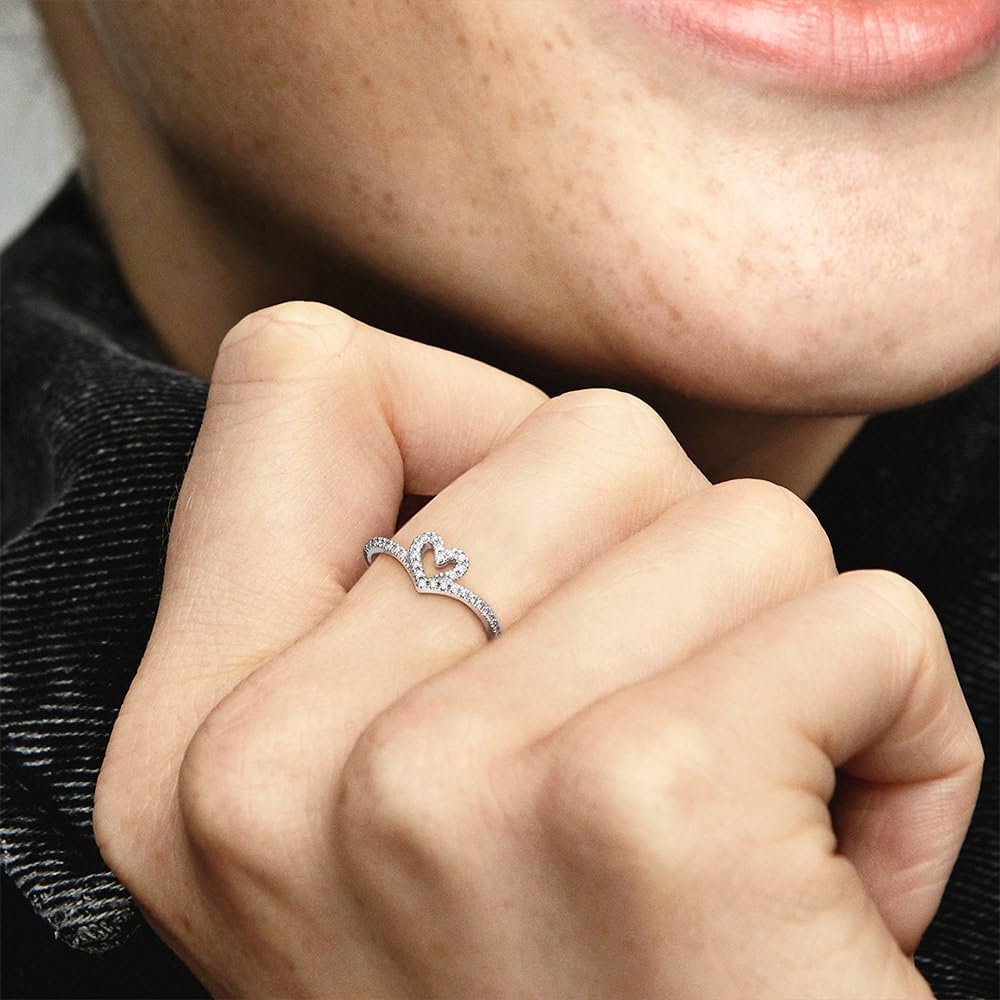 Pandora Jewelry Sparkling Wishbone Heart Ring for Women - Sterling Silver with Cubic Zirconia - Size 4.5, No Box