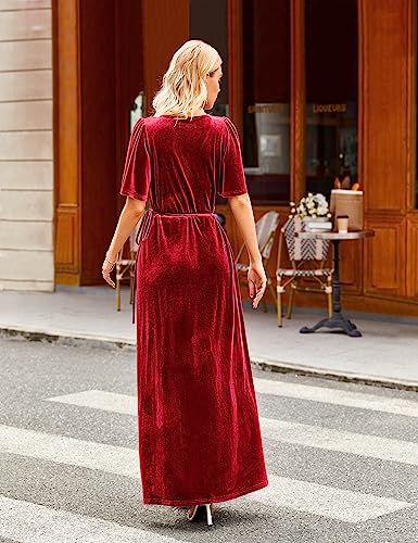 MEROKEETY Women's Velvet Maxi Dress 2024 Boho Wrap Cocktail Party Wedding Guest Formal Dresses, Red, Large