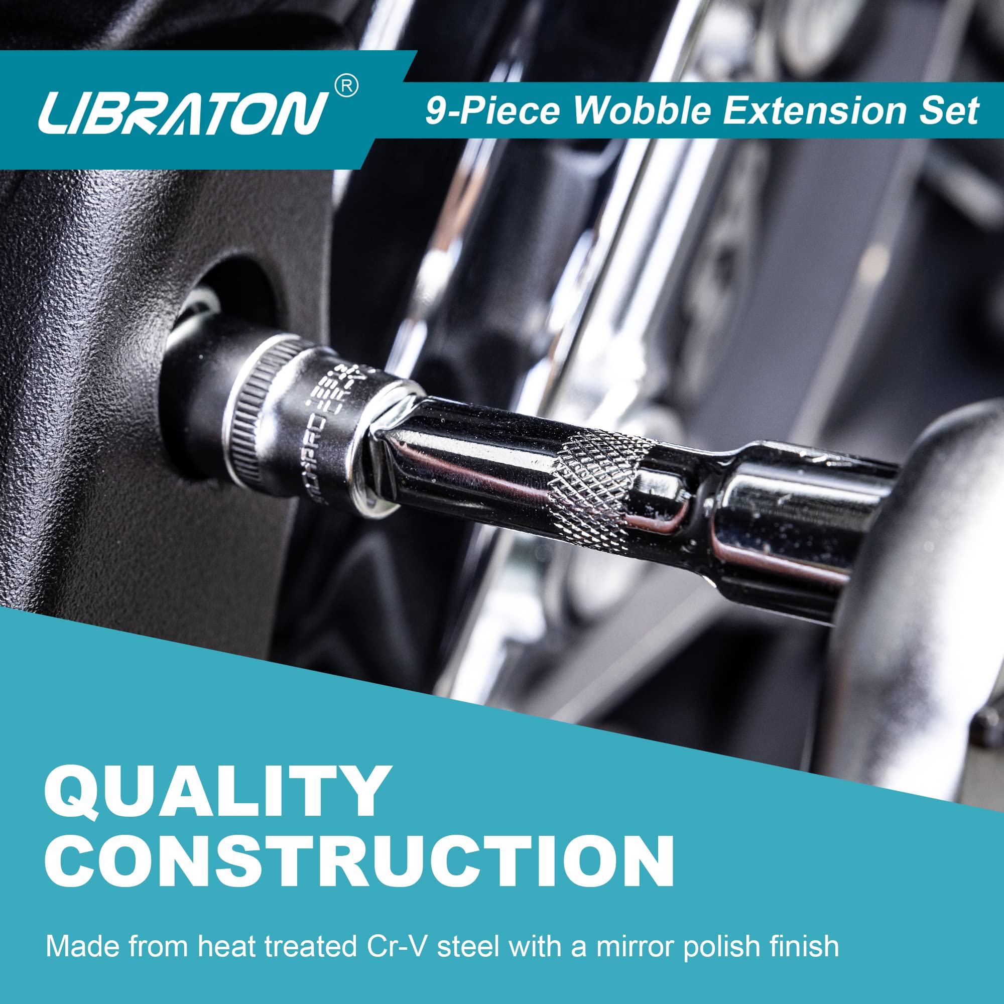 Libraton Wobble Extension Set 1/4'' 3/8'' 1/2'', Wobble Socket Extension, Extension Set, Wobble Socket Extension Set, Drive Socket Extension Bars 9PCs (Cr-V) with Chrome Plated in EVA Storage Tray