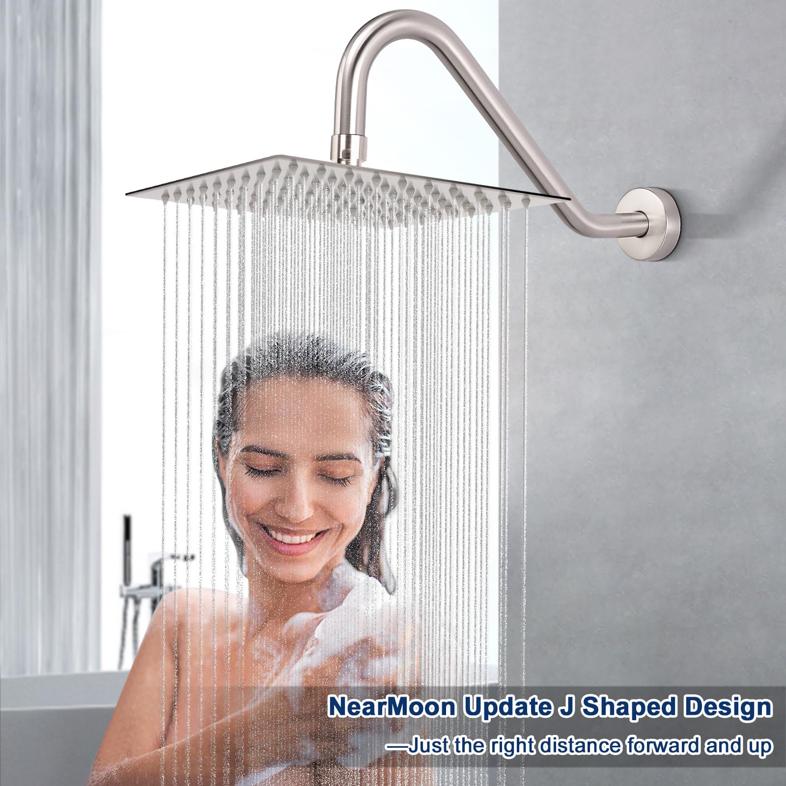 NearMoon J Shaped Shower Head Extension Arm, Stainless Steel Shower Head Height Extender with Flange, Riser Pipe Design for Cozy Shower Experience, Standard 1/2" Connection (12 Inch, Brushed Nickel)