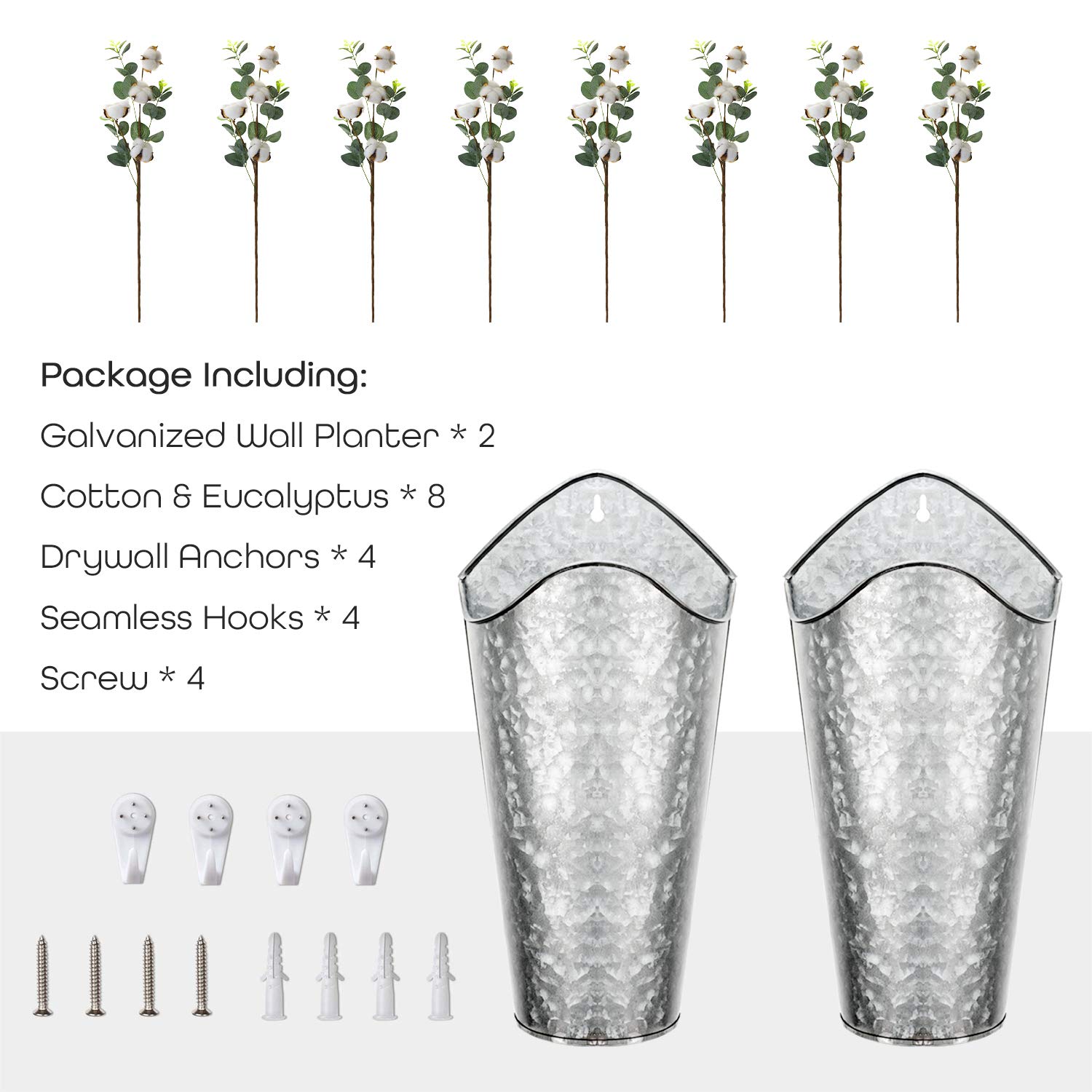 LIBWYS Galvanized Wall Planter 2 Sets and 8 Cottons Stems with Eucalyptus Metal Hanging Vase for Farmhouse Rustic Style Country Home Wall Decor