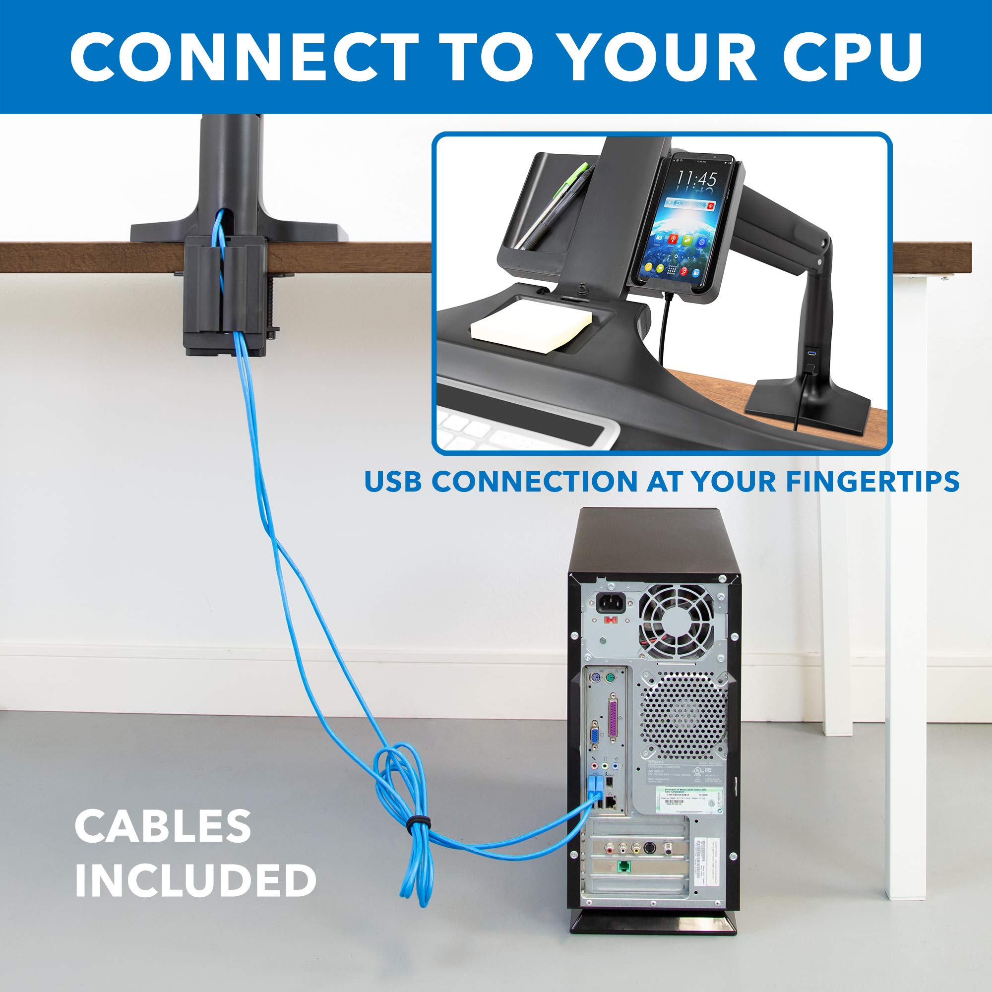 Mount-It! Dual Monitor Sit Stand Workstation with Gas Spring Arm | Height Adjustable Standing Desk Converter | 2 Integrated USB 3.0 Ports | VESA 75 100 | C-Clamp and Grommet Base