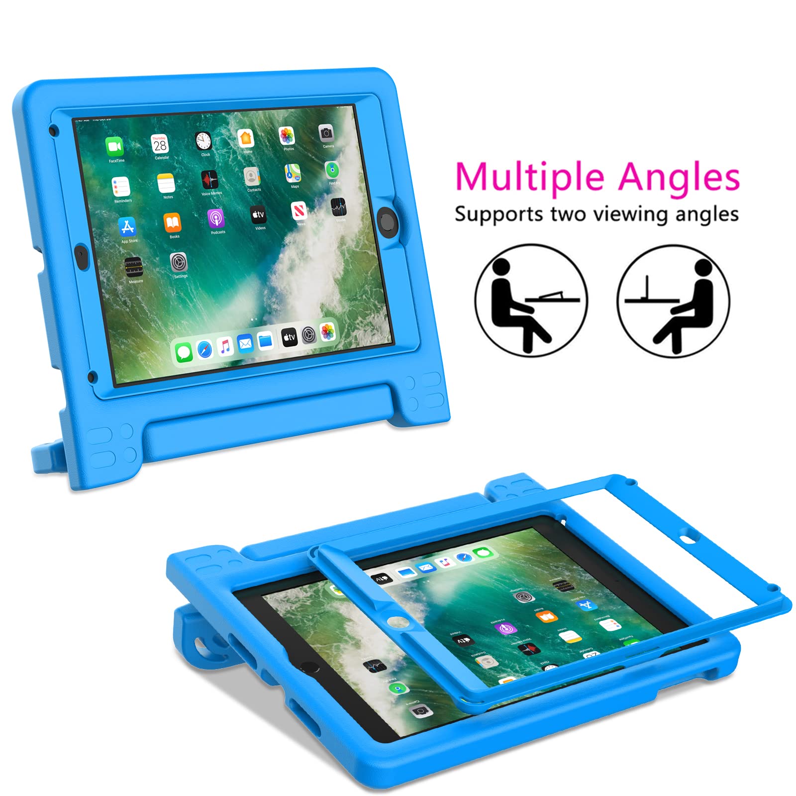 TIRIN 9.7-Inch Case, Kids Case for iPad 6th/5th Generation 2018/2017, iPad Air 1/2 & iPad Pro 9.7 Case with Built-in Screen Protector, Durable Shockproof Protective Cover with Convenient Handle, Blue