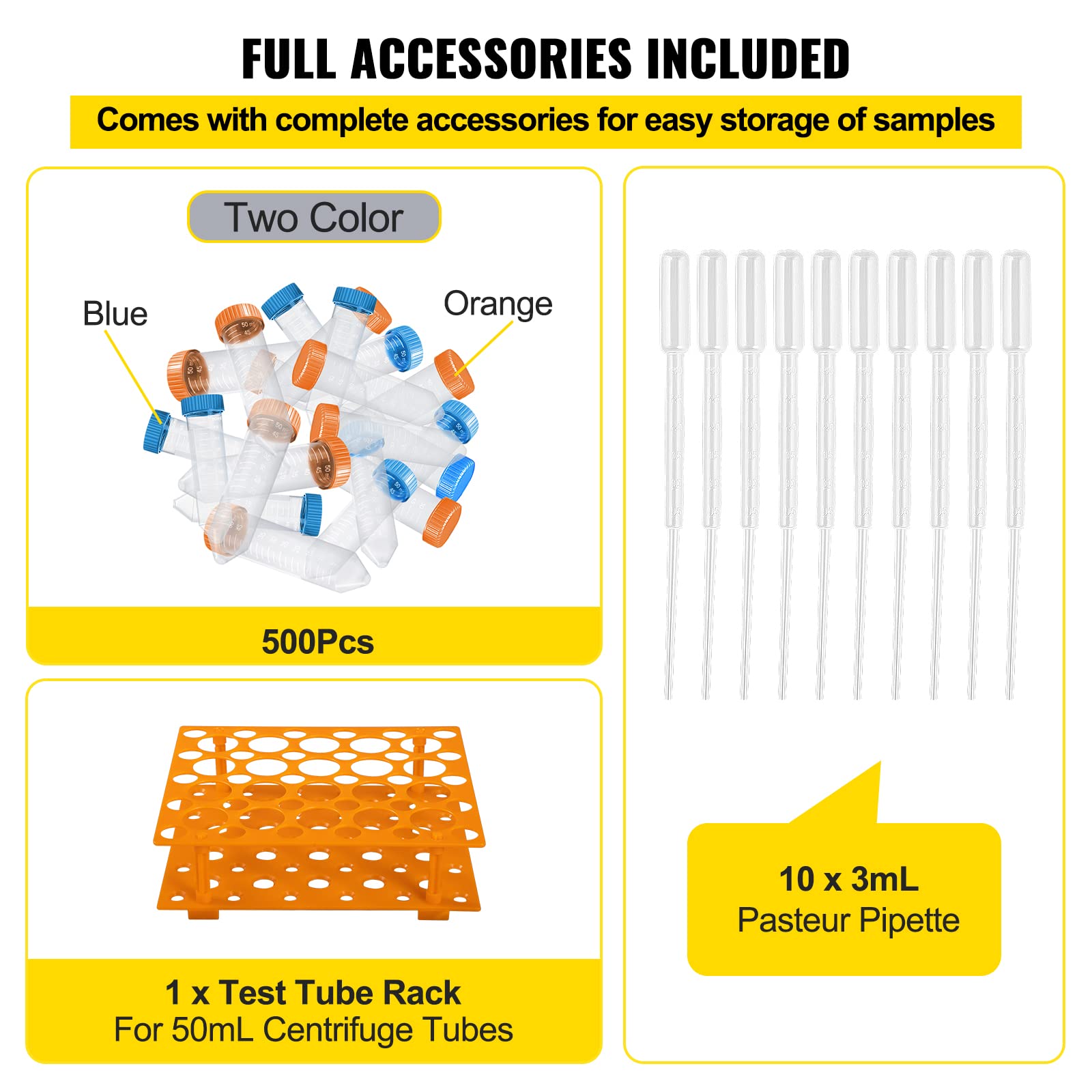 VEVOR Conical Centrifuge Tubes, 50mL, 500Pcs PP EO Sterilized Graduated Container w/Leak-Proof Screw Cap, Write Mark & Test Tube Rack, DN/RNase Free, for Sample Storage & Separate, Blue & Orange