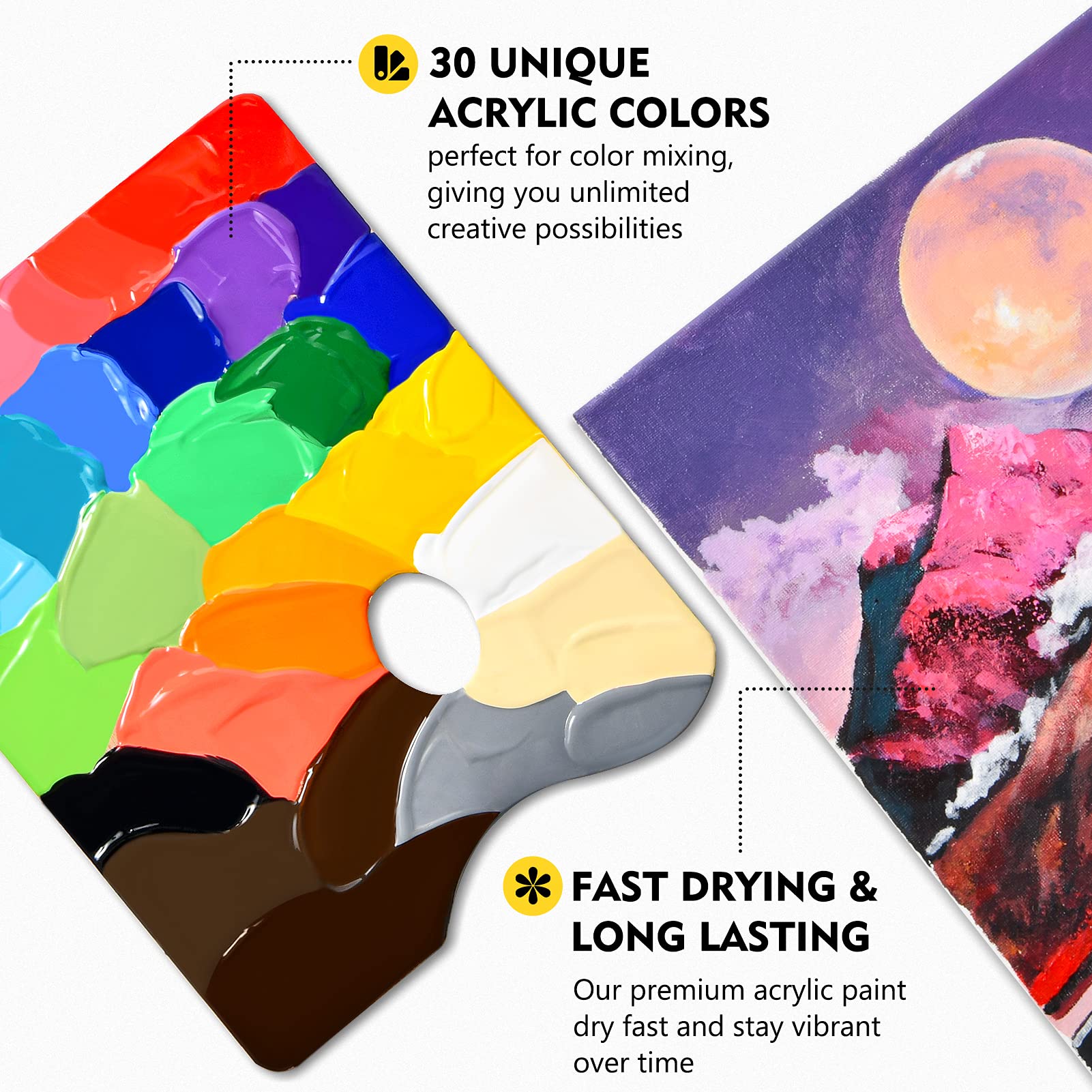 Magicfly 30 Colors Acrylic Paint Set (2fl oz/60ml Each), Non-Toxic Craft Paints with 3 Brushes, for Multi-Surface Paint on Canvas, Halloween Pumpkin, Paper, Wood, Stone, Ceramic and Model