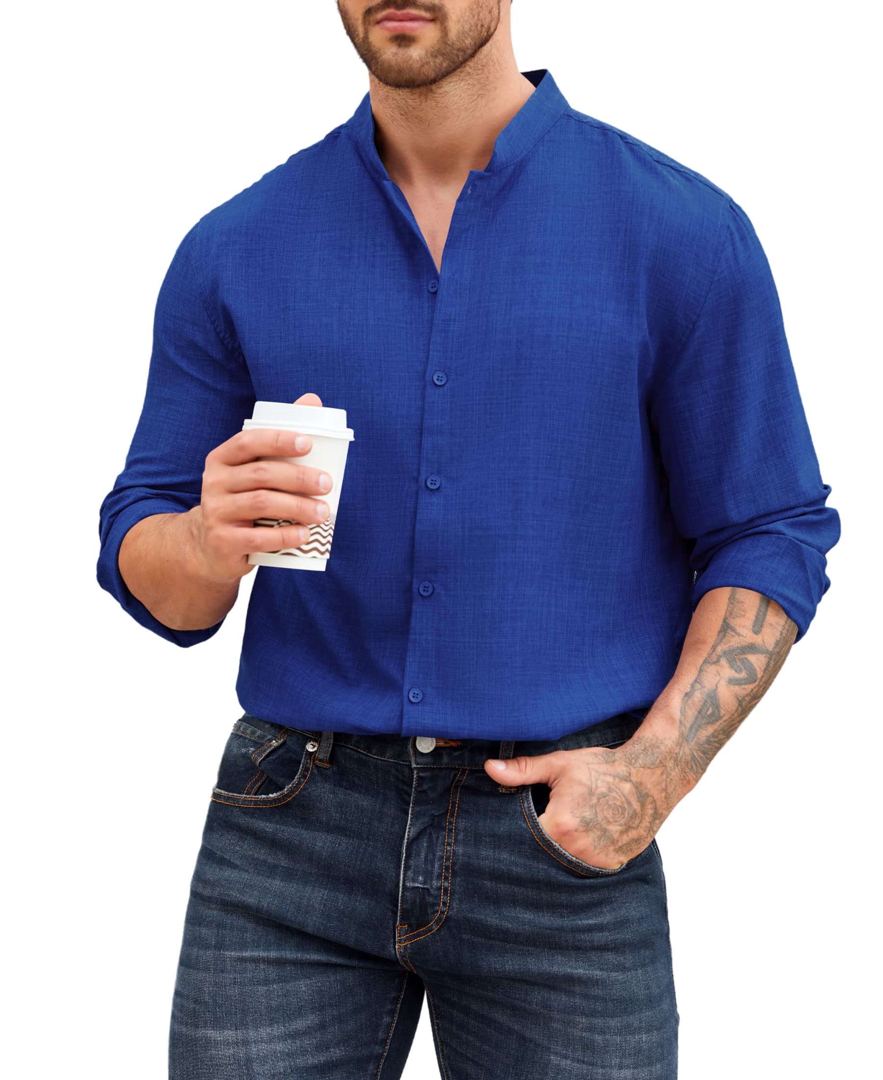 Mens Casual Button Down Shirt Band Collar Long Sleeve Dress Shirts Summer Beach Tops Black