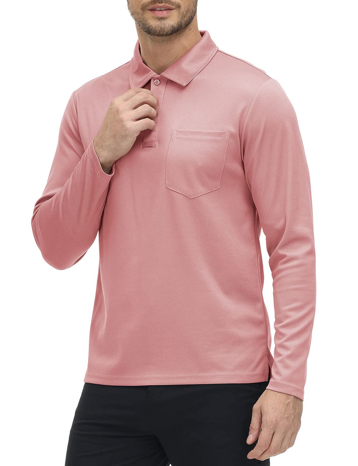 Rdruko Men's Long Sleeve Shirts with Pocket Quick Dry Outdoor Sports Polo(Pink, US M)