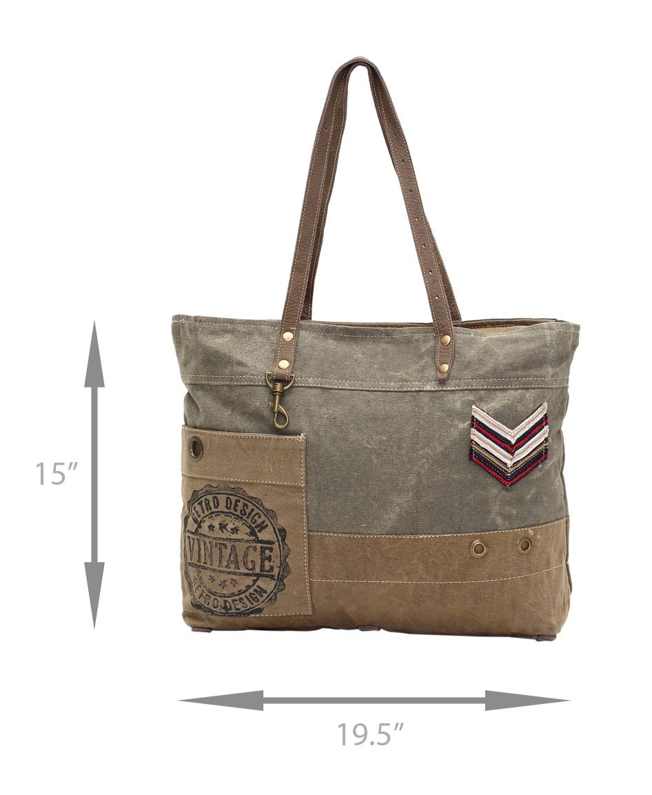 Military Badge Upcycled Canvas and Genuine Leather Trim Tote Bag