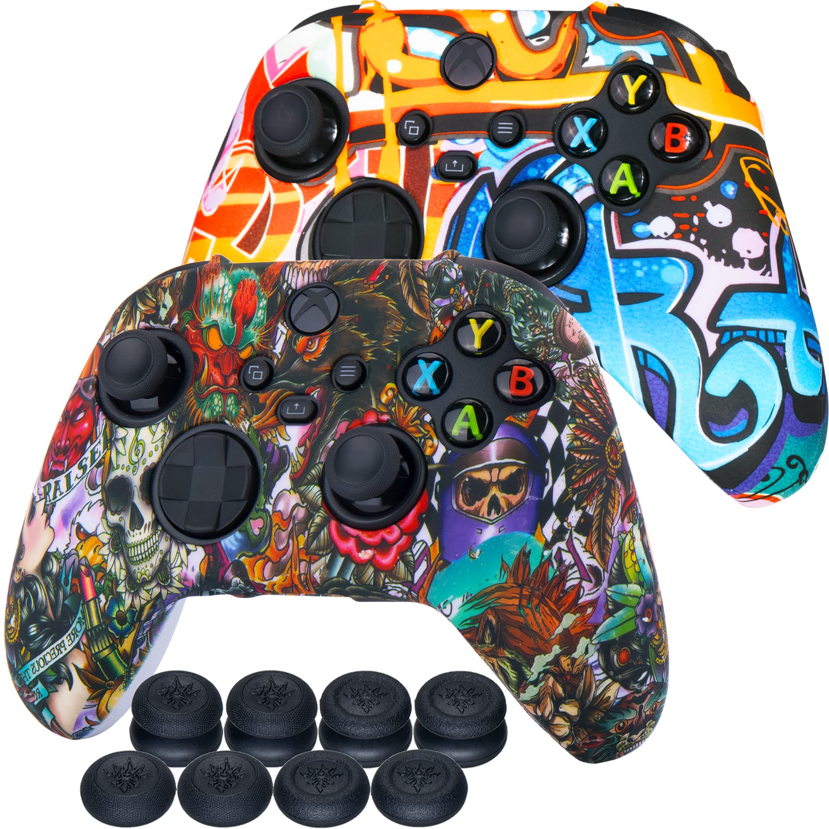 MXRC Silicone Rubber Printing Cover Skin Case x 1 Anti-Slip Customize for Xbox Series X/S Controller x 2(Cartton Beast) + Thumb Grips x 8