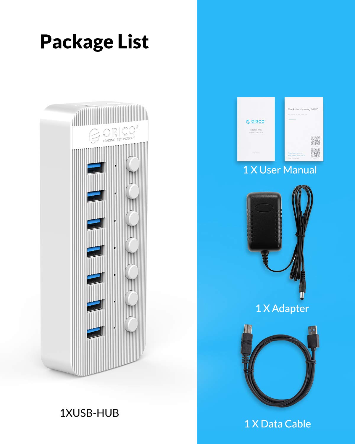 ORICO Powered USB Hub 3.0, 7 Ports USB Charger Hub Splitter with 12V/2A AC Adapter, Individual On/Off Switches for Desktop Computer, PC, iMac, Mobile HDD, Flash Drive