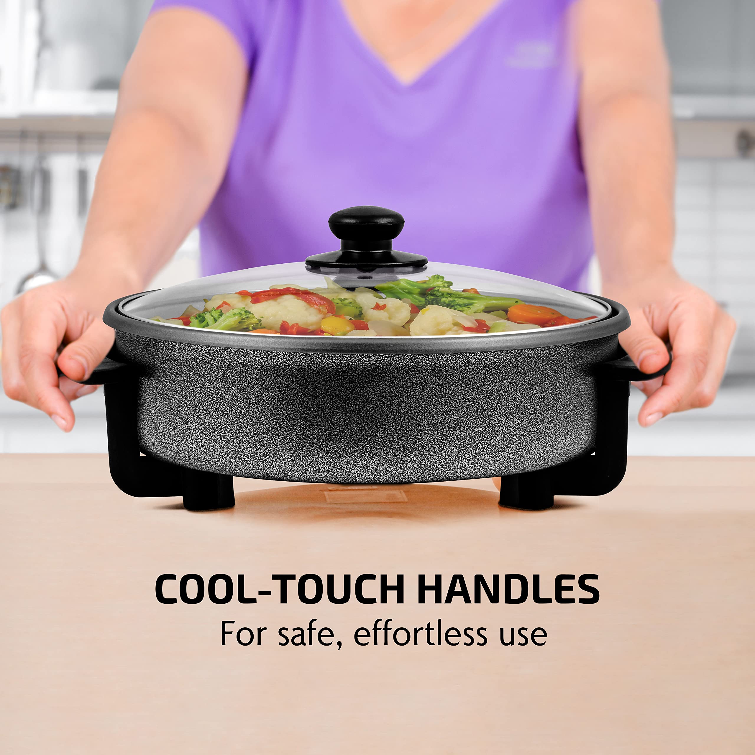 OVENTE Electric Skillet and Frying Pan, 12 Inch Round Cooker with Nonstick Coating, 1400W Power, Adjustable Temperature Control, Tempered Glass Lid with Vent and Cool Touch Handles, Black SK11112B