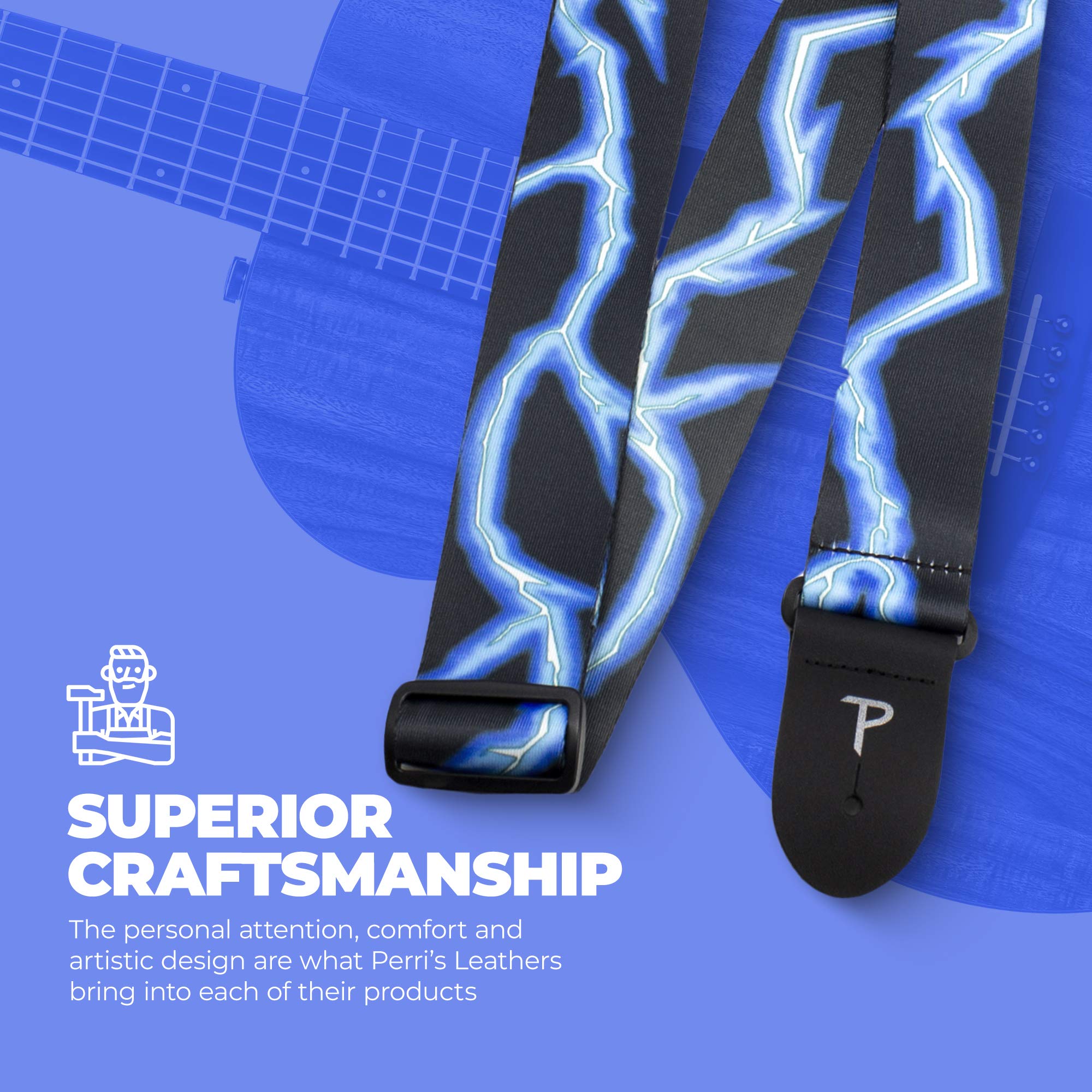 Perri's Leathers Guitar Strap - Bundle - BONUS- 3 Medium 0.71mm Picks, 1 Leather Acoustic Adaptor, 4 Strap Locks & Shoelace… (Blue Lightning)