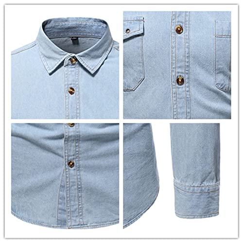 Mens Denim Shirts Vintage Long Sleeve Soft Cotton Pocket Button Up Jeans Shirt Streetwear C214-Light Blue 3XL