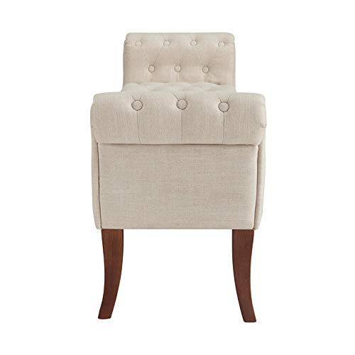 Linon Laurel Upholstered Roll Arm Bench with Walnut Wood Legs in Beige Fabric