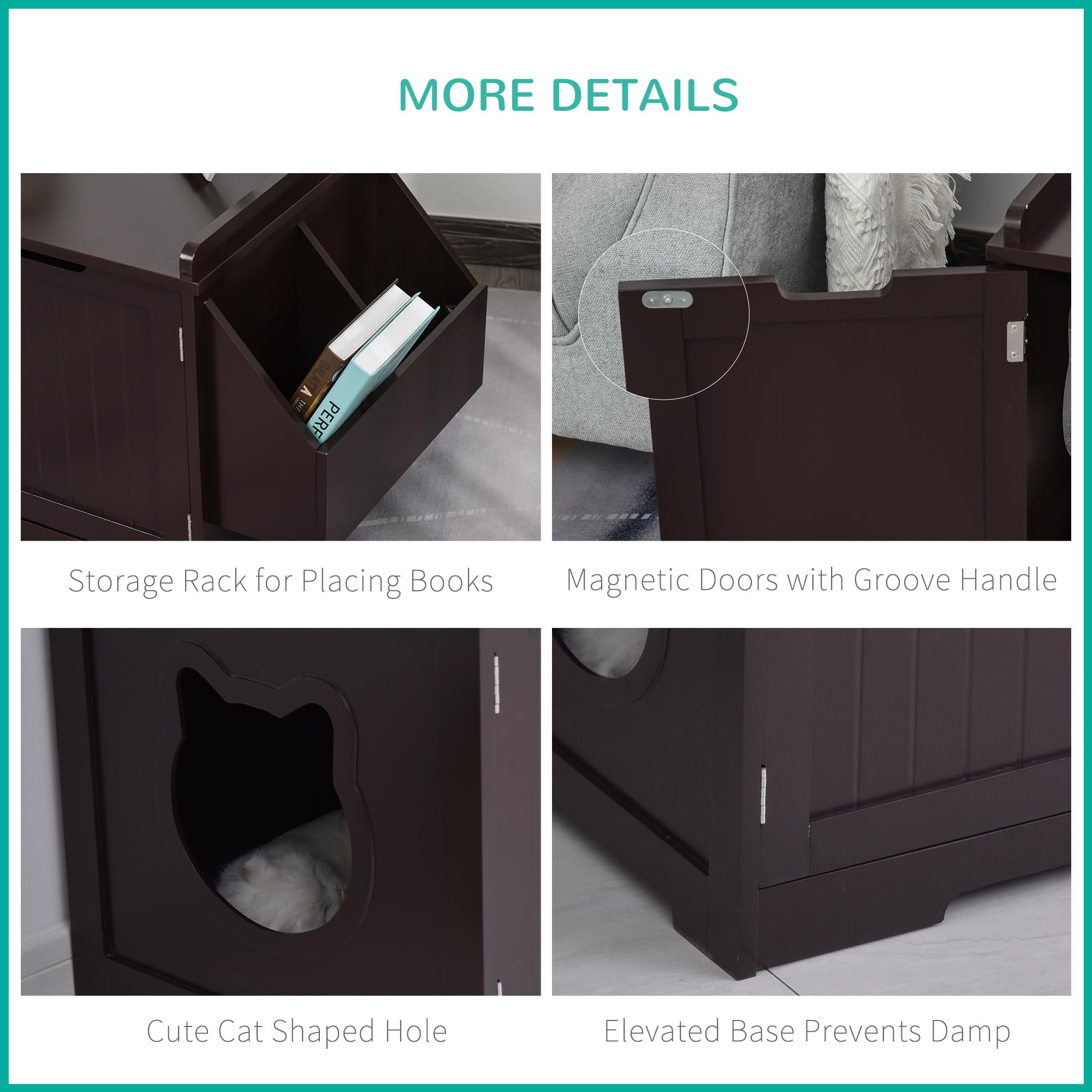 PawHut Wooden Cat Litter Box Enclosure, Hidden Cat Washroom, Kitten House with Nightstand End Table and Storage Rack Magnetic Doors, Brown