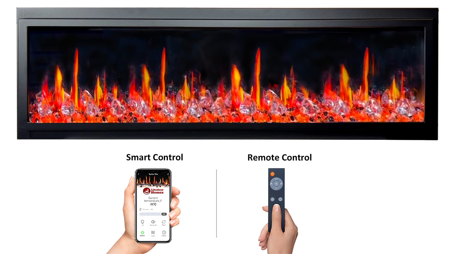 Litedeer Homes Latitude 65" Smart Electric Fireplace with App, Crackling Fire Sounds, Reflective Amber Glass, Black - ZEF65XA