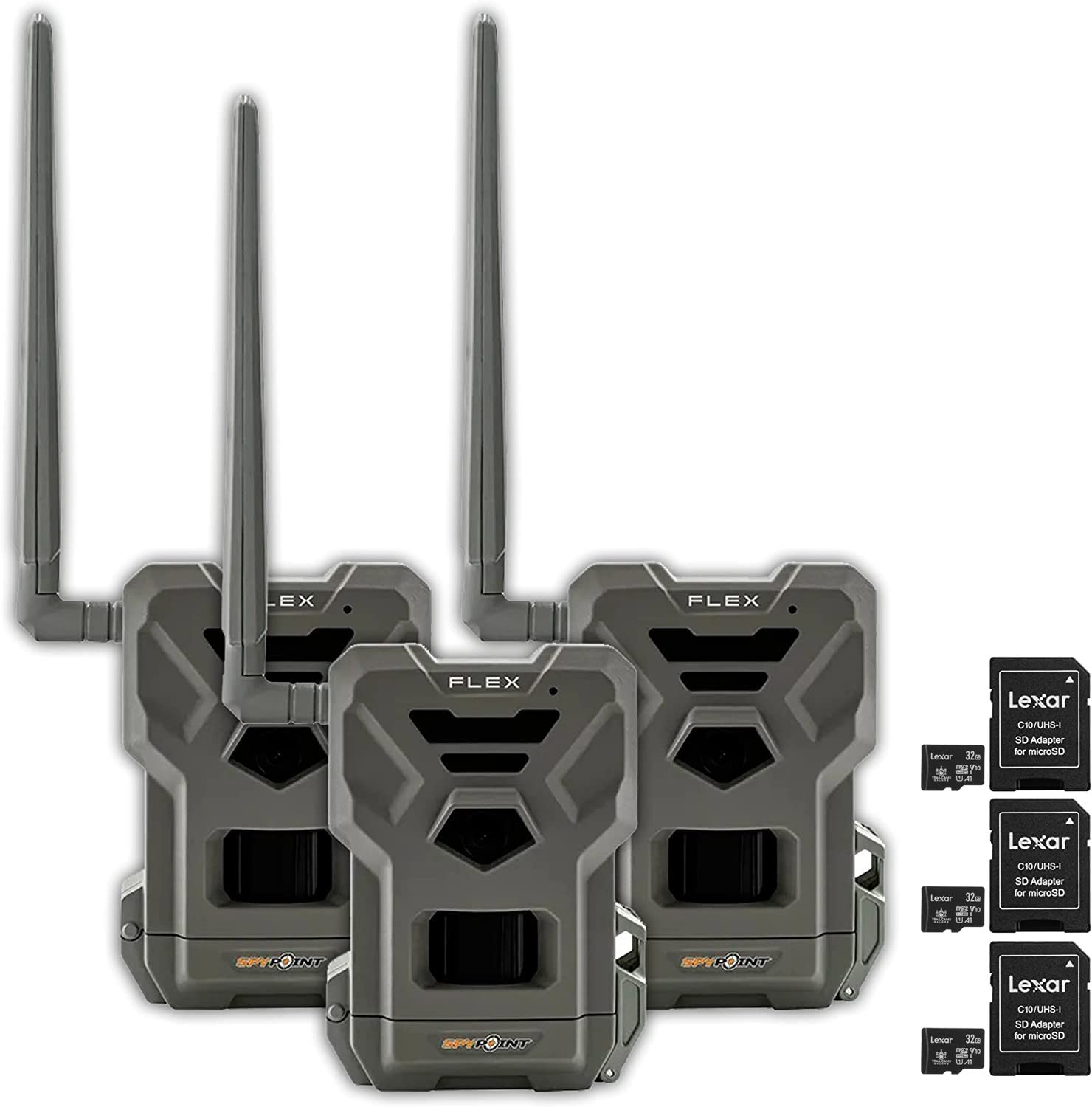 SPYPOINT Flex Dual-Sim Cellular Trail Camera 33MP Photos 1080p Videos with Sound and On-Demand Photo/Video Requests - GPS Enabled with Lexar 32GB Micro SD Card (3 PK)
