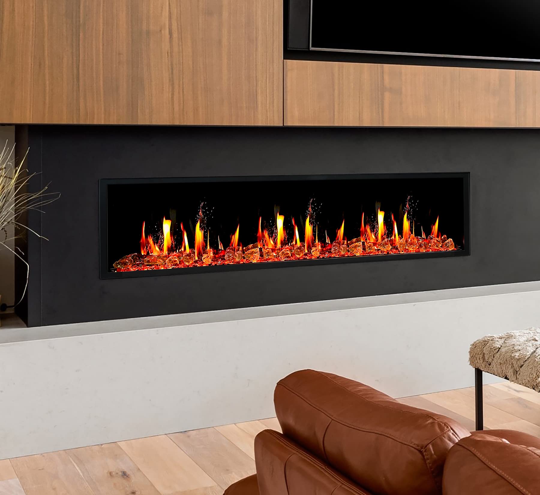 Litedeer Homes Latitude 65" Smart Electric Fireplace with App, Crackling Fire Sounds, Reflective Amber Glass, Black - ZEF65XA