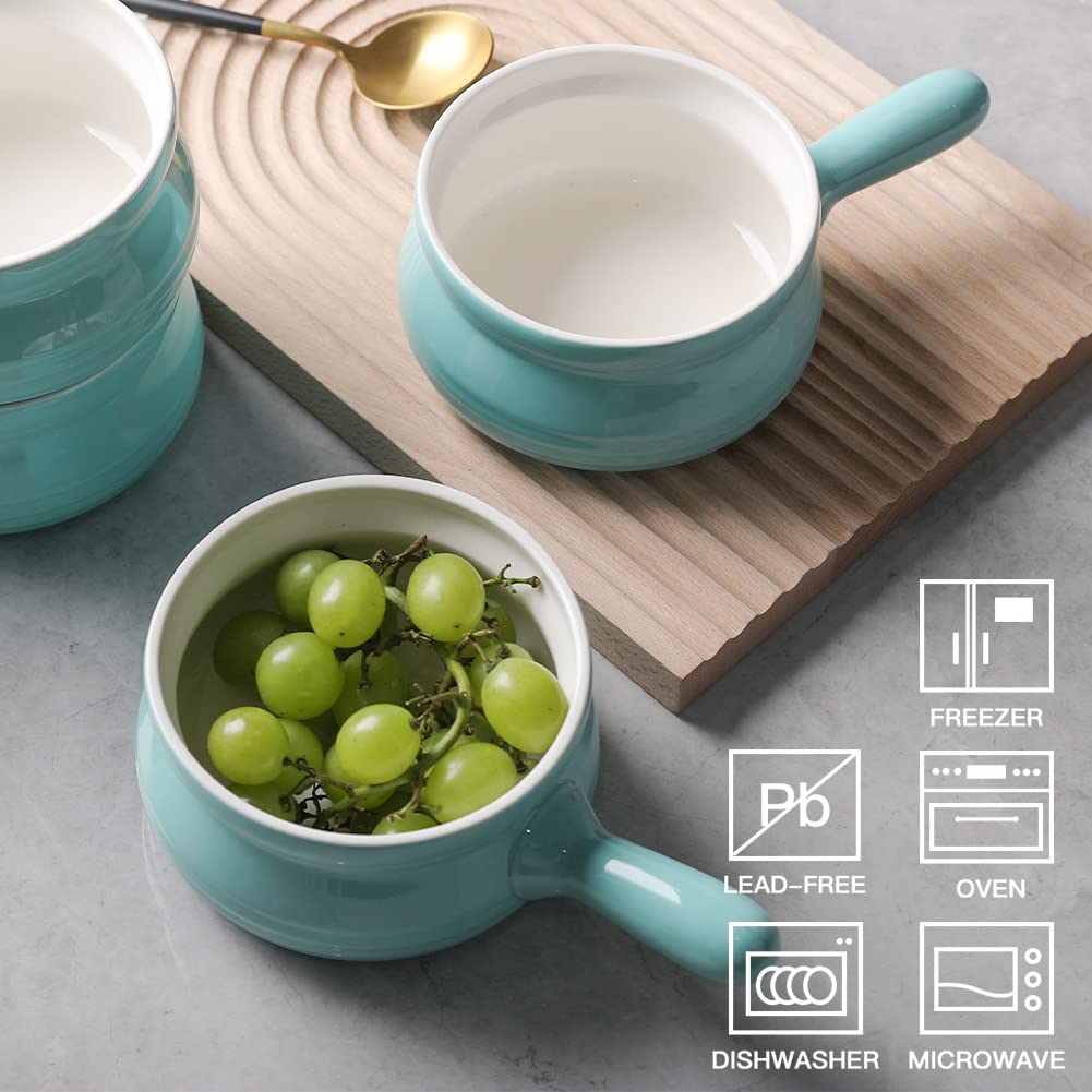 Sweejar Porcelain Soup Bowls with Handle, 22 OZ Ceramic Serving Crocks for French Onion Soup, Pumpkin Soup, Oatmeal, Stew, Dishwasher and Microwave Safe, Set of 4 (Turquoise )