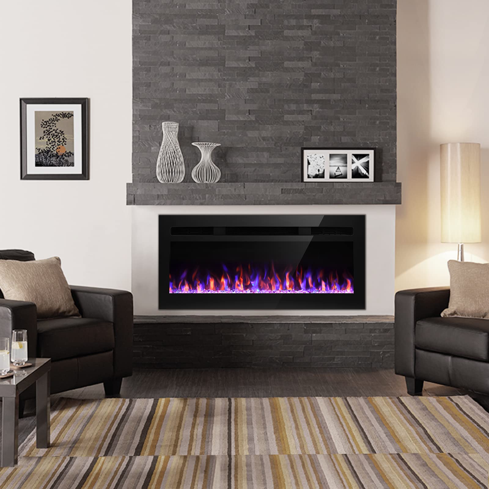 LITSDFM 43 Inch Electric Fireplace, Recessed and Wall Mounted Fireplace, Fireplace Heater and Linear Fireplace, with Timer, Remote Control, Adjustable Flame Color, 750/1500W, Black