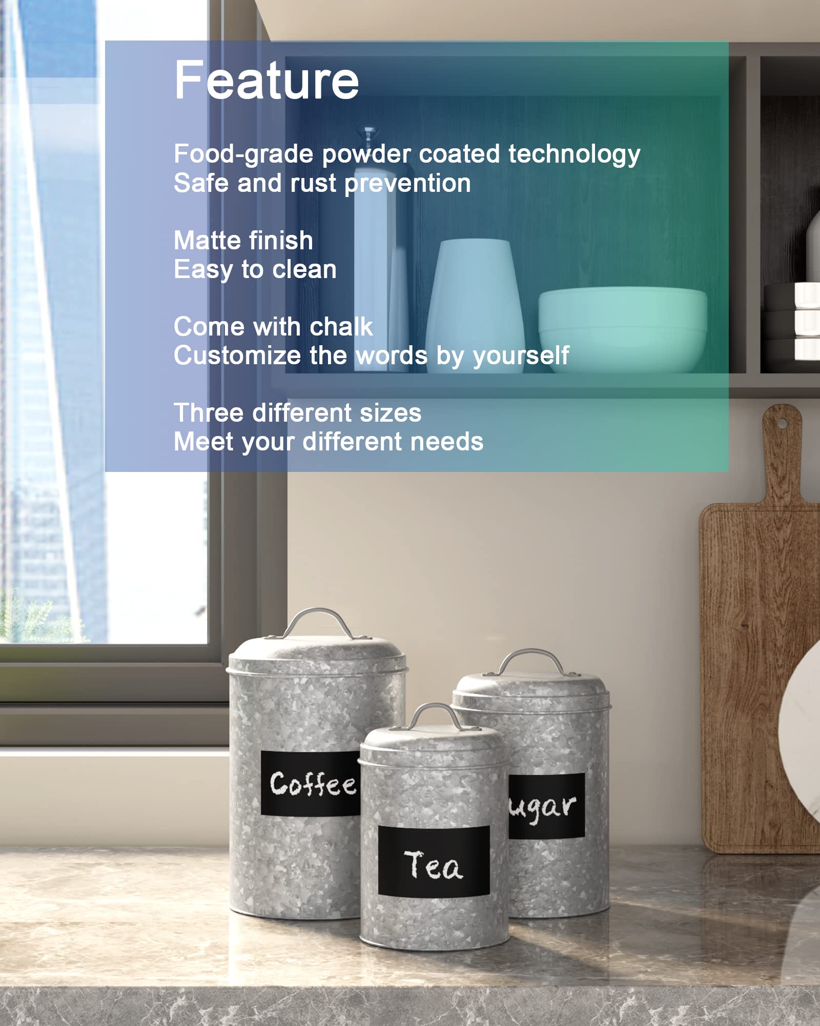 LF LIKEFAIR Farmhouse Kitchen Canisters Set of 3,Food Storage Containers for Home Kitchen, Tea, Herbs, Sugar, Salt, Coffee, Flour, Herbs (Silver)