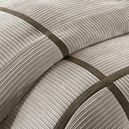 Madison Park Cozy Comforter Set Casual Blocks Design All Season, Matching Bed Skirt, Decorative Pillows, King (104 in x 92 in), Dallas Taupe/Brown, 7 Piece