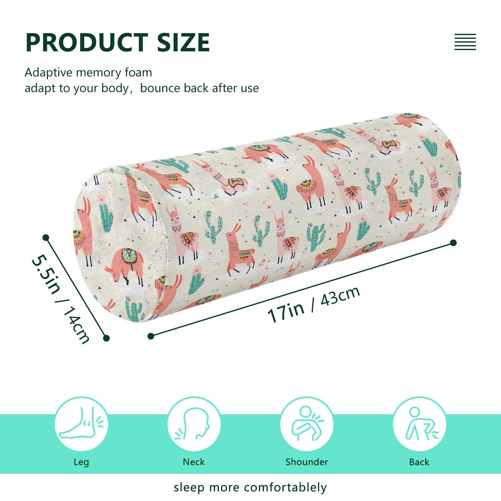 Llama Cloud Flowers Cacti Neck Support Pillow Round Neck Roll Bolster Cylinder Pillow Cervical Pillows Shoulder Pillow for Leg Knee Back Head Support for Study Work Men Women