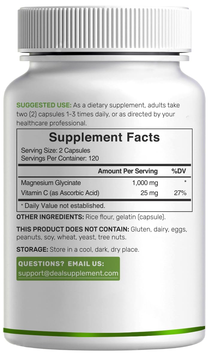 Magnesium Glycinate Plus Vitamin C – 100% Chelated for Absorption – Essential Mineral Supplement for Muscle, Mood, Sleep, & Heart Health