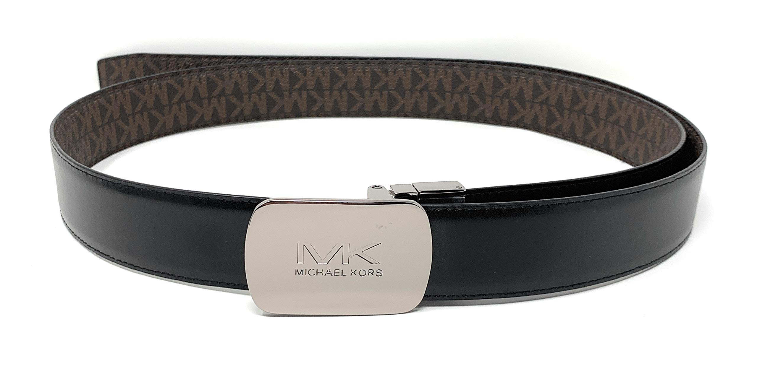 Michael Kors Men's Cut to Fit Reversible PVC Leather MK Plaque Belt (Brown)