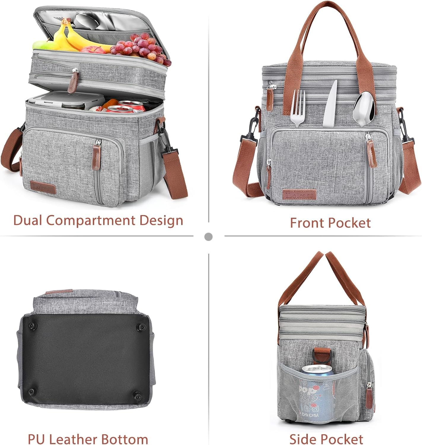 LOKASS Lunch Bag for Women/Men Work, 16L Expandable Double Deck Lunch box, Waterproof Leak-proof Cooler Bag, Portable Meal Prep Lunchbag with Adjustable Shoulder Strap-Grey