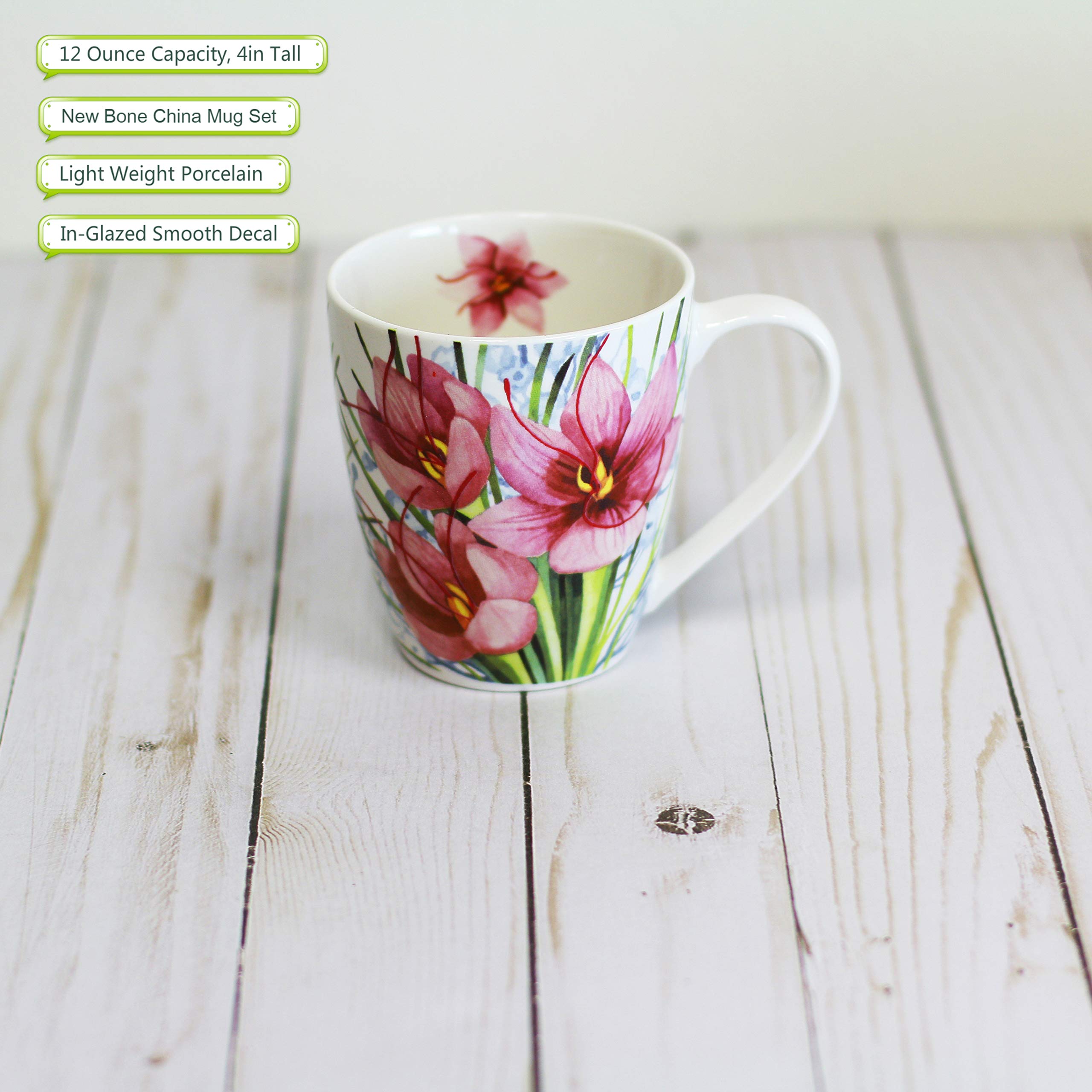 PULCHRITUDIE 12 Oz Coffee Tea Mugs Set, Fine Porcelain Floral Design, Set of Four