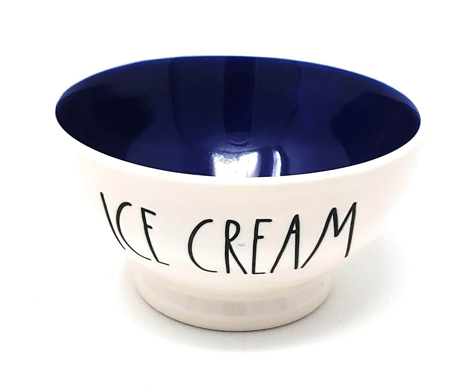 Rae Dunn by Magenta ICE CREAM Bowl, Ceramic, White with Blue Interior and Black LL. 3in x 5.5in