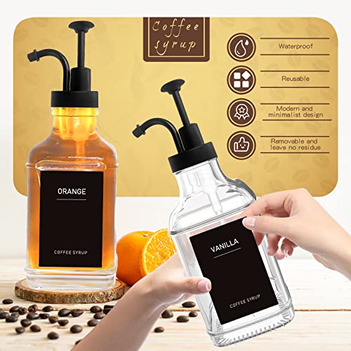 Odaverso 2 Pack 16.9OZ Square Coffee Syrup Dispenser for Bar with Labels & Black Matte Pump, Bottles Home Bar, BPA Free Durable Transparent Glass (ZFX-TJP-BLK)