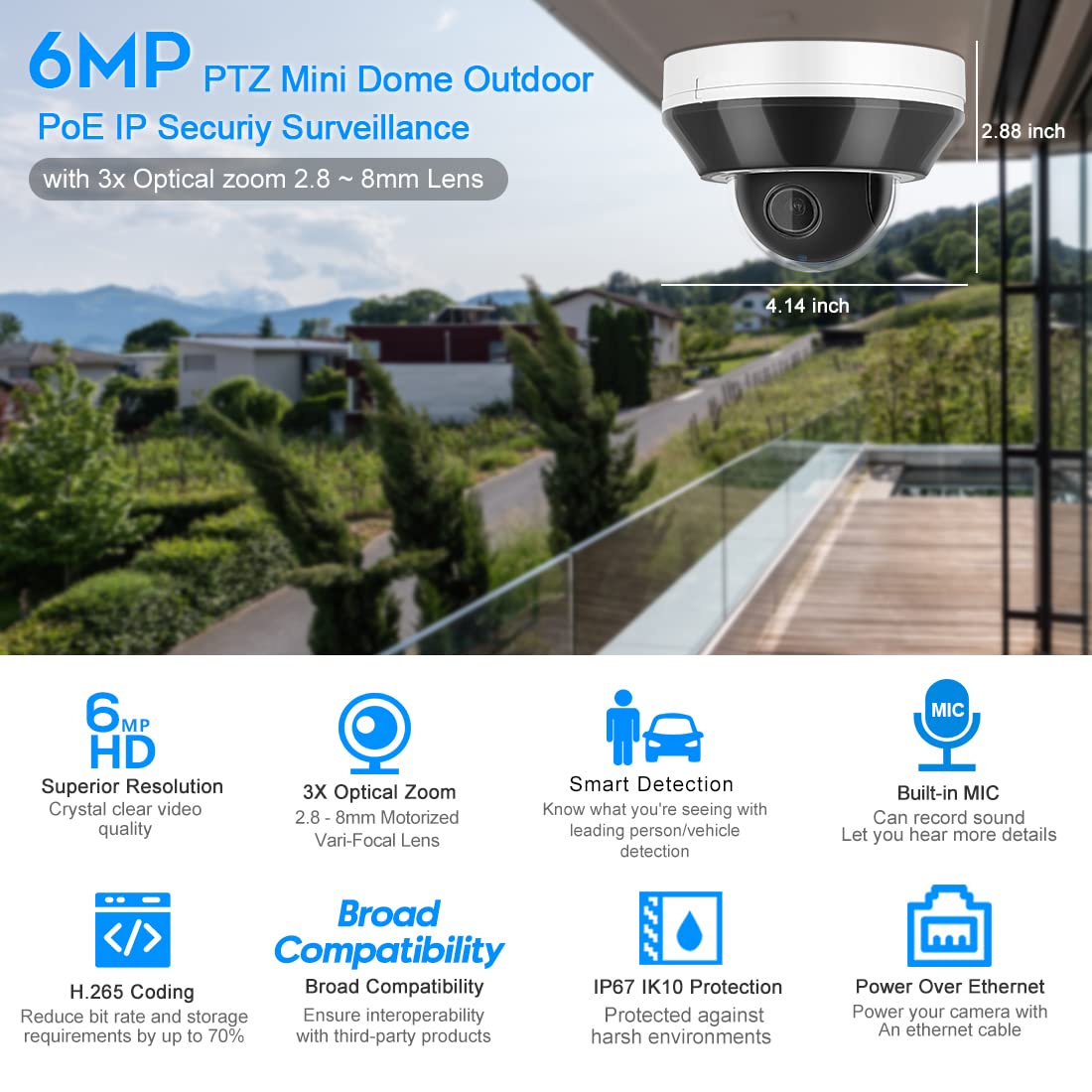 VIKYLIN 6MP Mini PTZ PoE IP Dome Camera with Pan/Tilt 3X Optical Zoom 2.8-8mm, Built-in Mic, Human/Vehicle Detection, 98ft IR Night Vision, IP67 Waterproof Indoor Outdoor Security Camera