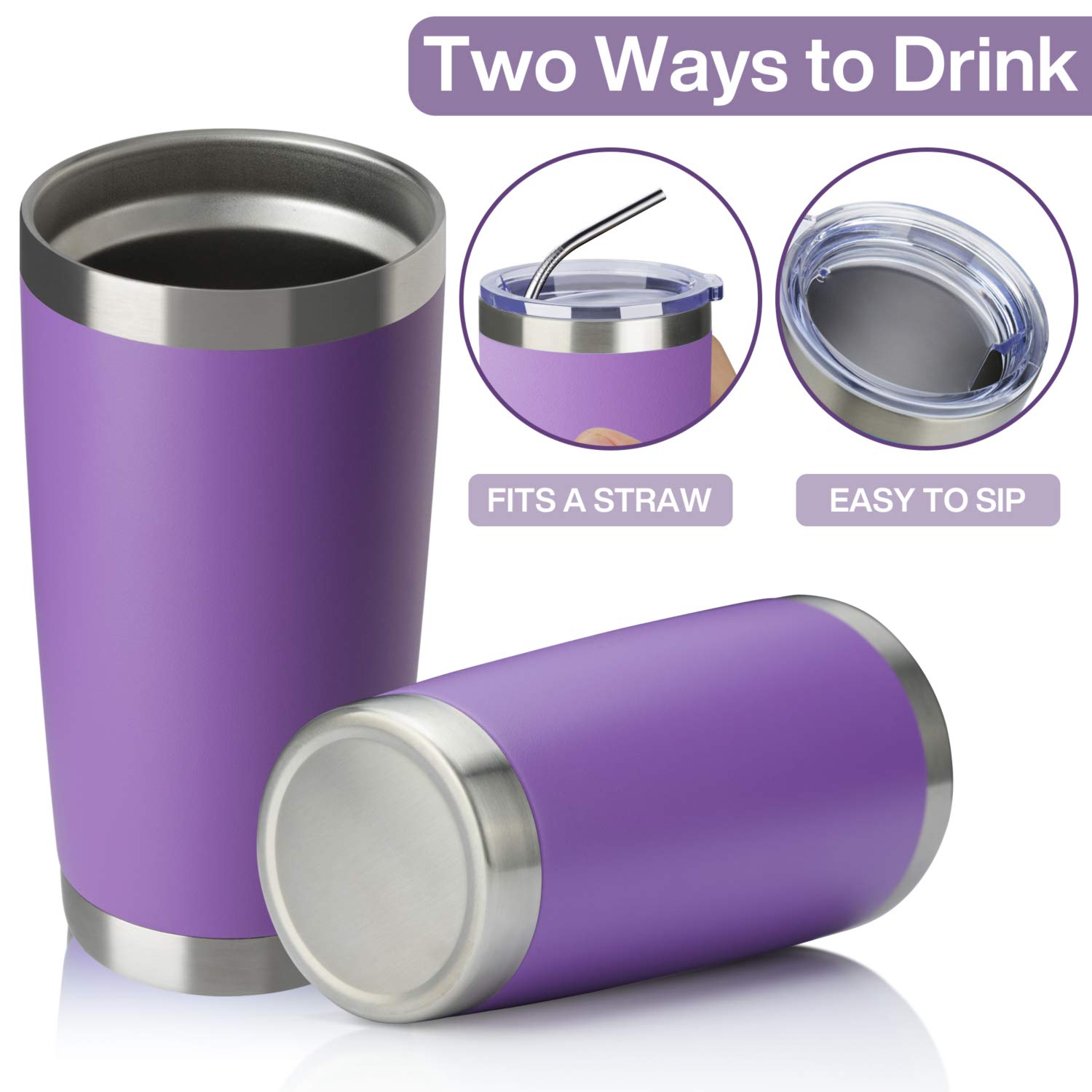 MEWAY 20oz Tumbler Cup Double Wall Vacuum Insulated Travel Mug Bulk, Stainless Steel Tumblers with Lid and Straw, Durable Powder Coated Coffee Cups for Cold & Hot Drinks (Purple, 1)