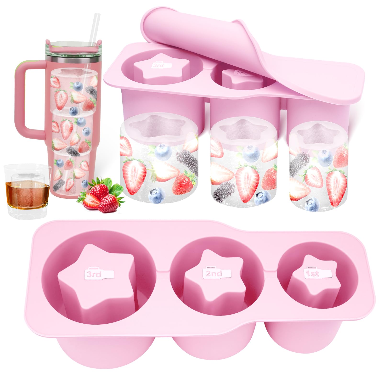 Tizuxa ice cube mold for Stanley 30-40 oz accessories, Silicone Ice Cube Tray for Tumbler Cups with Sealing Lid, Make 3 Pentagram cylinder Large Ice Cubes for Chilled Drinks Coffee Whiskey - Pink