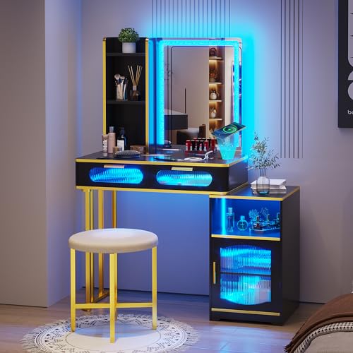 LVSOMT Vanity Desk with Mirror and Lights for Girls Gift, Small Makeup Vanity with Voice Activation & Wireless Charging, Dressing Table with Lighting Mirror for Bedroom, Children's Room(Matt Black)