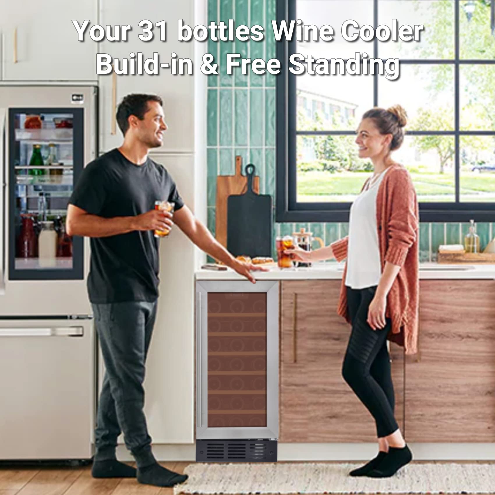 Smad 15 inch Wine Cooler Under Counter, 31 Bottle Built in Wine Fridge with Wood Shelf, Double Reversible Glass Door, Digital Temperature Control, Super Quiet, Stainless Steel, Black