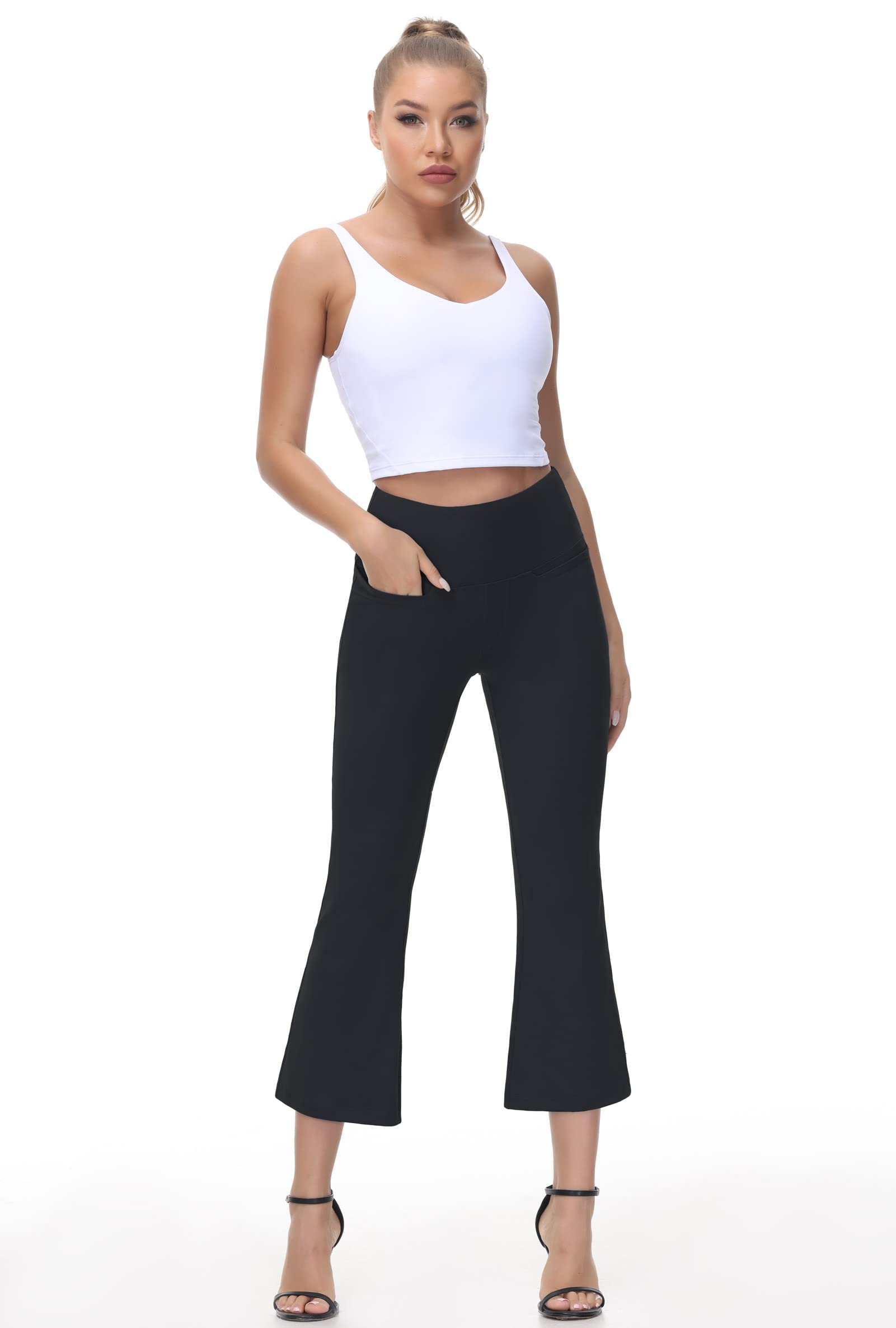 THE GYM PEOPLE Women's Boot Cut Yoga Capris Pants High Stretch Workout Wide Leg Crop Leggings 4 Pockets Black
