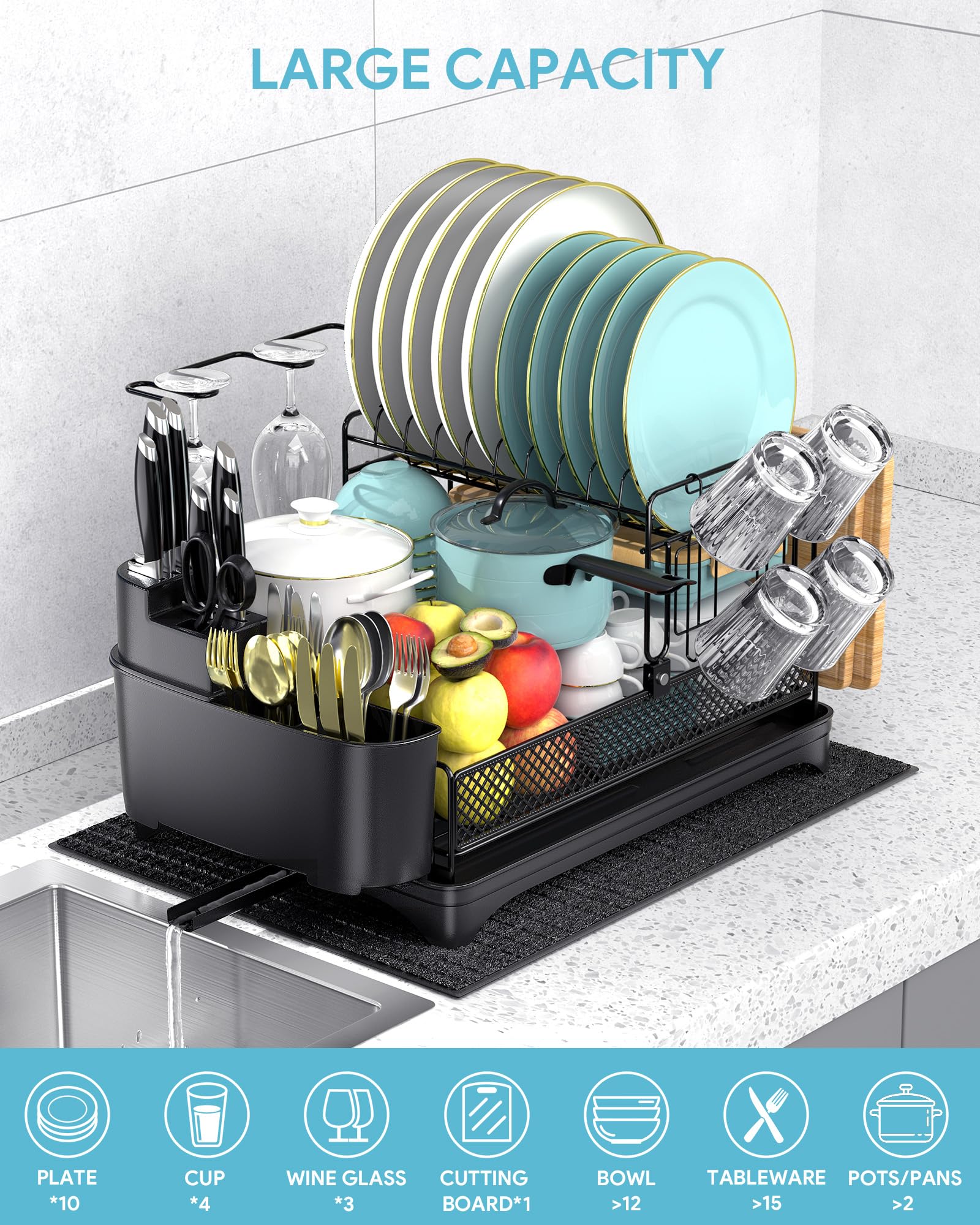 Lvtrupc Dish Drying Rack - Large-Capacity Dish Rack for Kitchen Counter, Stainless Steel Dish Drainer, 2-Tier Kitchen Dish Drying Rack for Dishes, Cutlery and Wine Glasses with Extra Dryer Mat